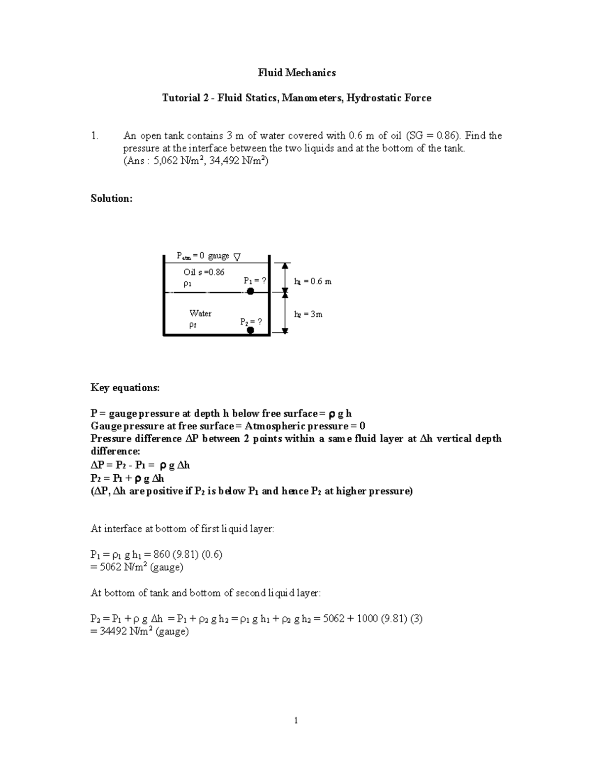 CV1012 Fluid Mechanics Tutorial 2 Solution - Fluid Mechanics Tutorial 2 - Fluid Statics ...