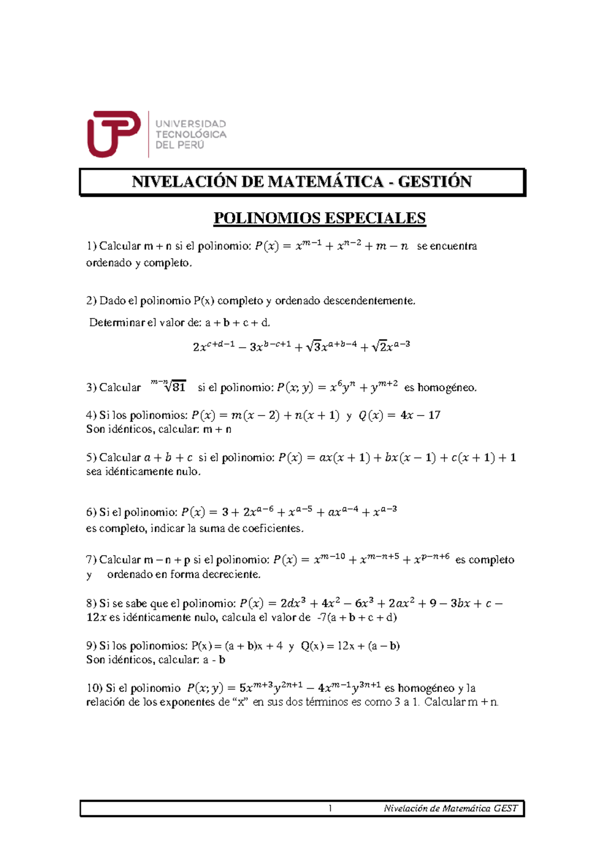 S7. s1. polinomios Especiales I - 1 Nivelación de Matemática GEST NIVELACIÓN DE MATEMÁTICA ...