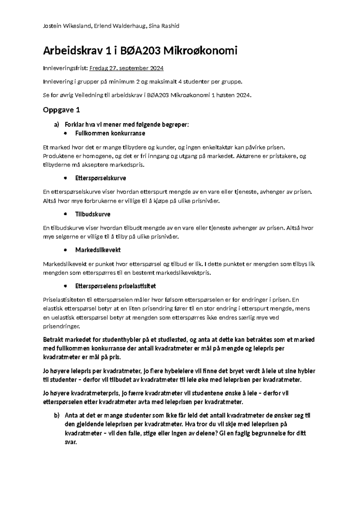 Arbeidskrav 1 BØA203 Mikroøkonomi 2024 - Arbeidskrav 1 i BØA203 Mikroøkonomi Innleveringsfrist ...