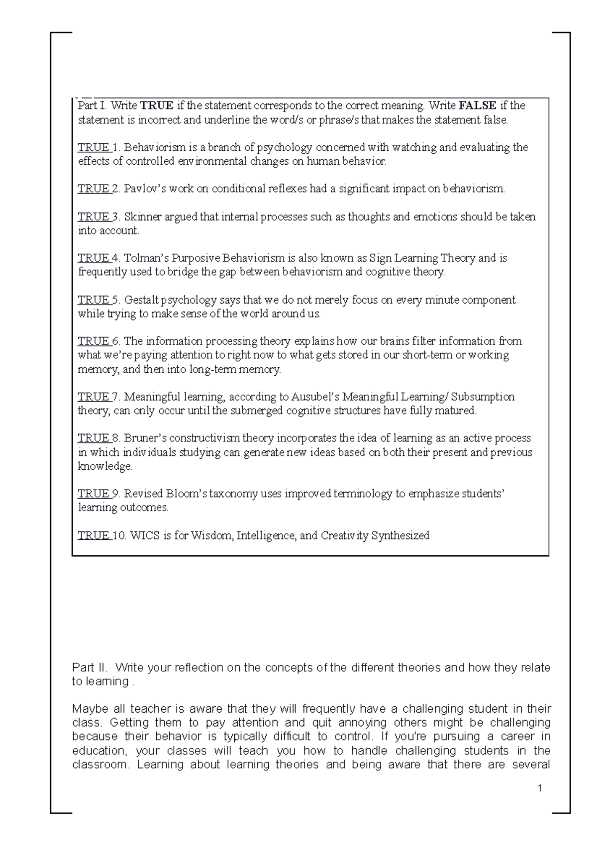 Module 3 - activity - Part I. Write TRUE if the statement corresponds ...