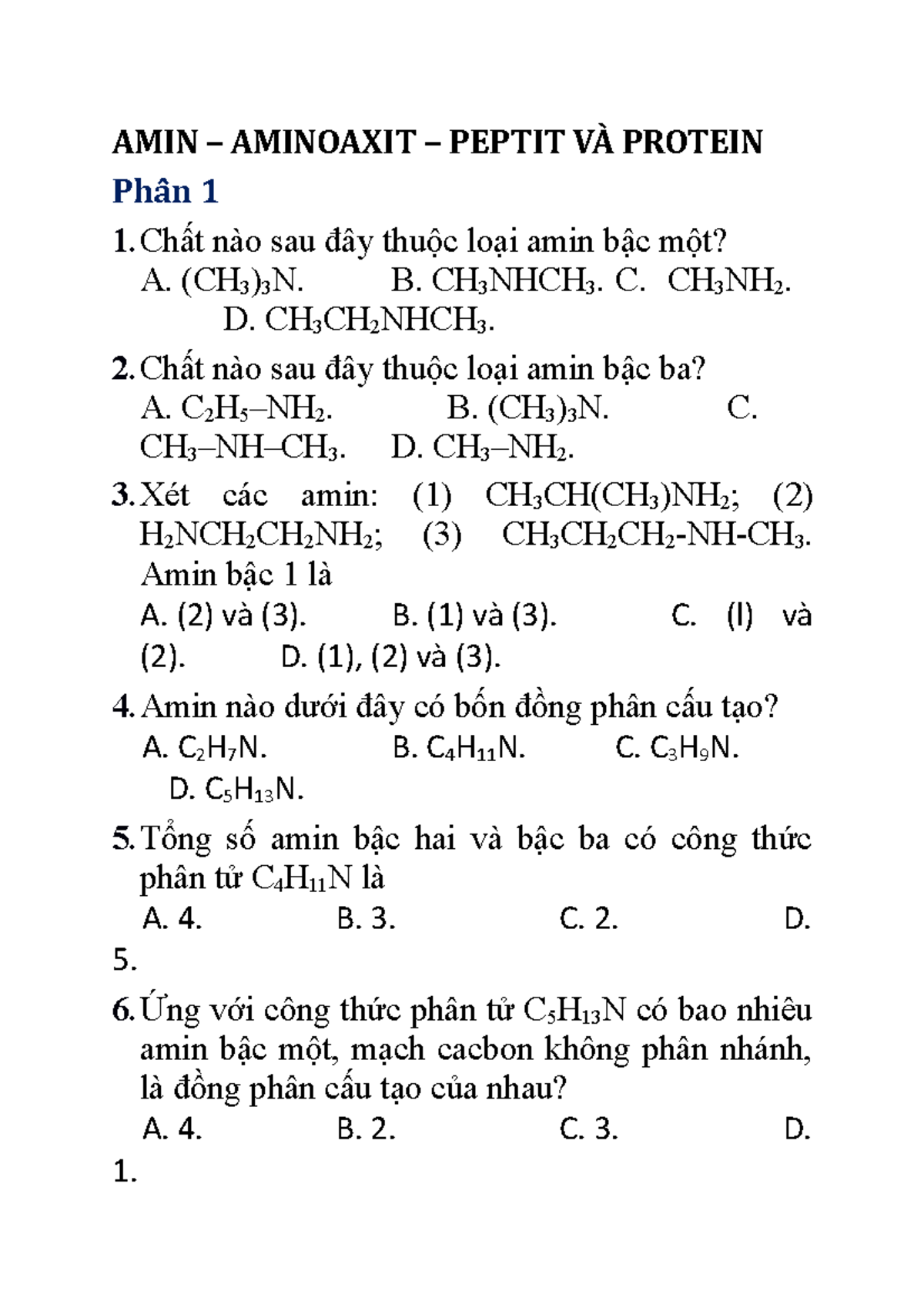 Bt amin-peptit - 123 - AMIN – AMINOAXIT – PEPTIT VÀ PROTEIN Phầần 1 1ất nào sau đây thuộc loại ...