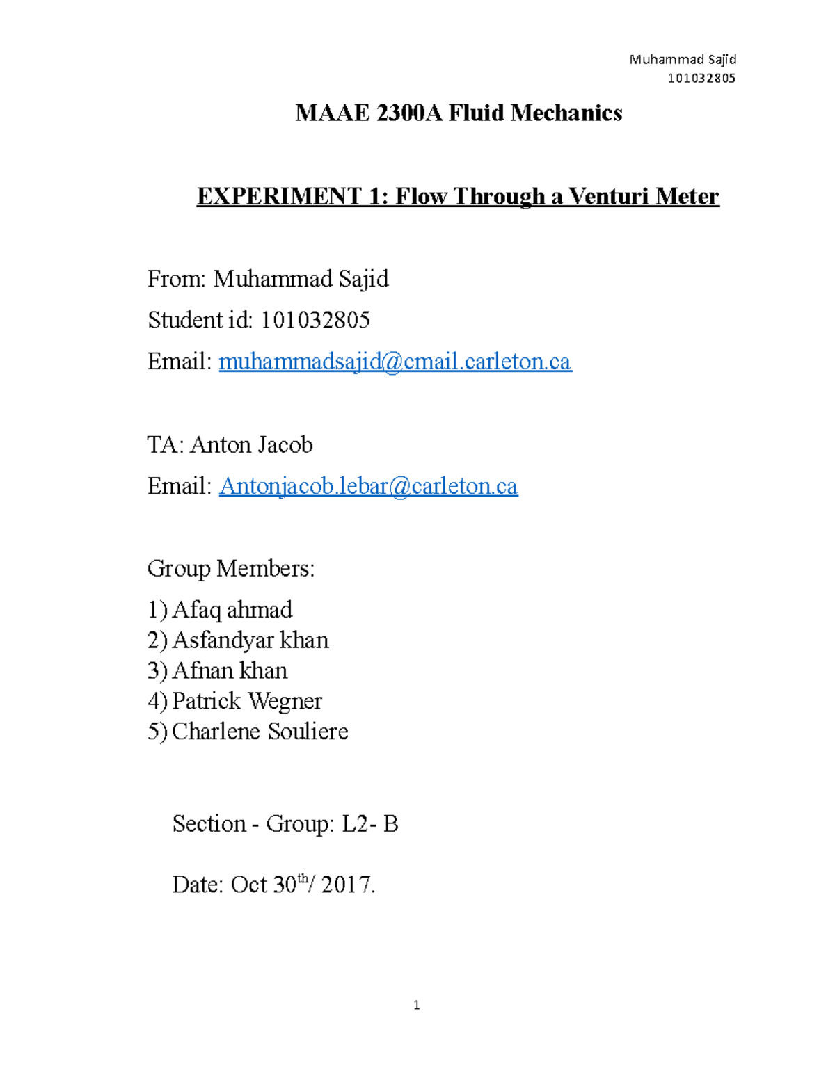 MAAE 2300A Fluid Mechanics lab 1 - Muhammad Sajid 101032805 MAAE 2300A ...