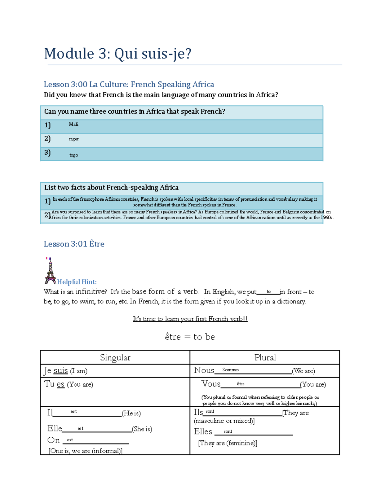 Fr1Module 3Note Taking Guide - Module 3: Qui suis-je? Lesson 3:00 La ...