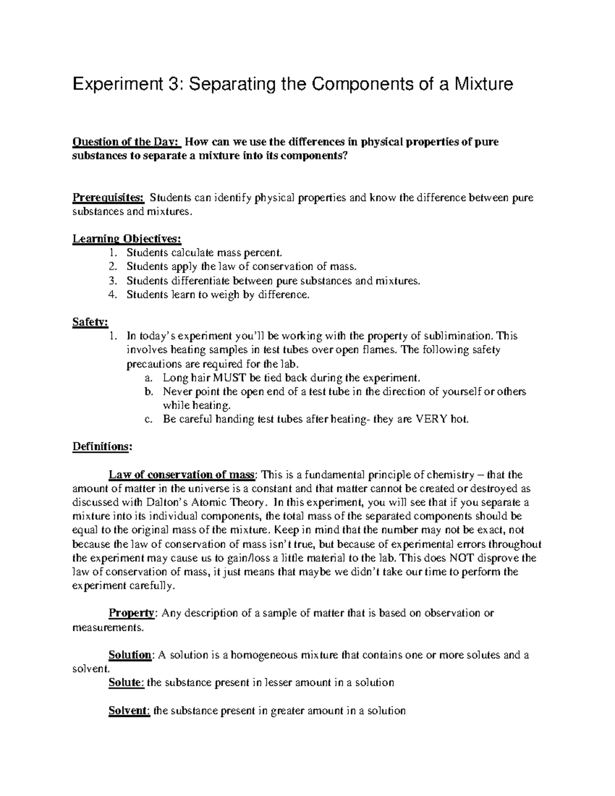 Experiment 3 Introduction and Procedure - Experiment 3 : Separating the Components of a Mixture ...