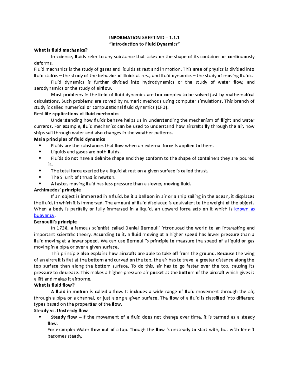 CN101 Midterm - INFORMATION SHEET MD – 1. “Introduction to Fluid Dynamics” What is fluid ...