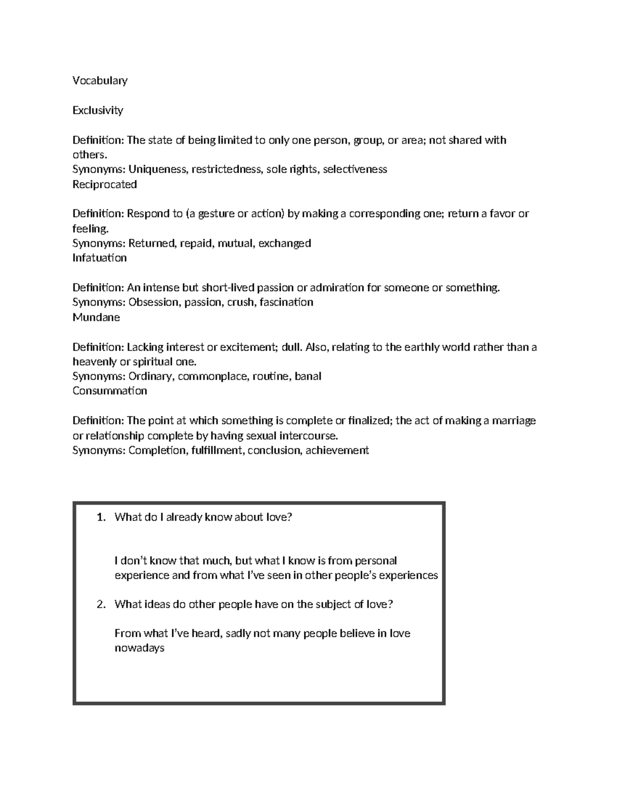 WHAT IS LOVE Vocab - Vocabulary Exclusivity Definition: The state of ...