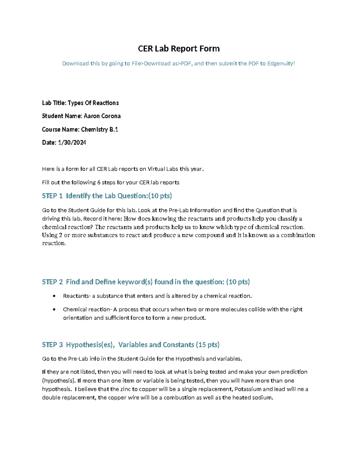 CER Lab Type of Reactions A - CER Lab Report Form Download this by ...