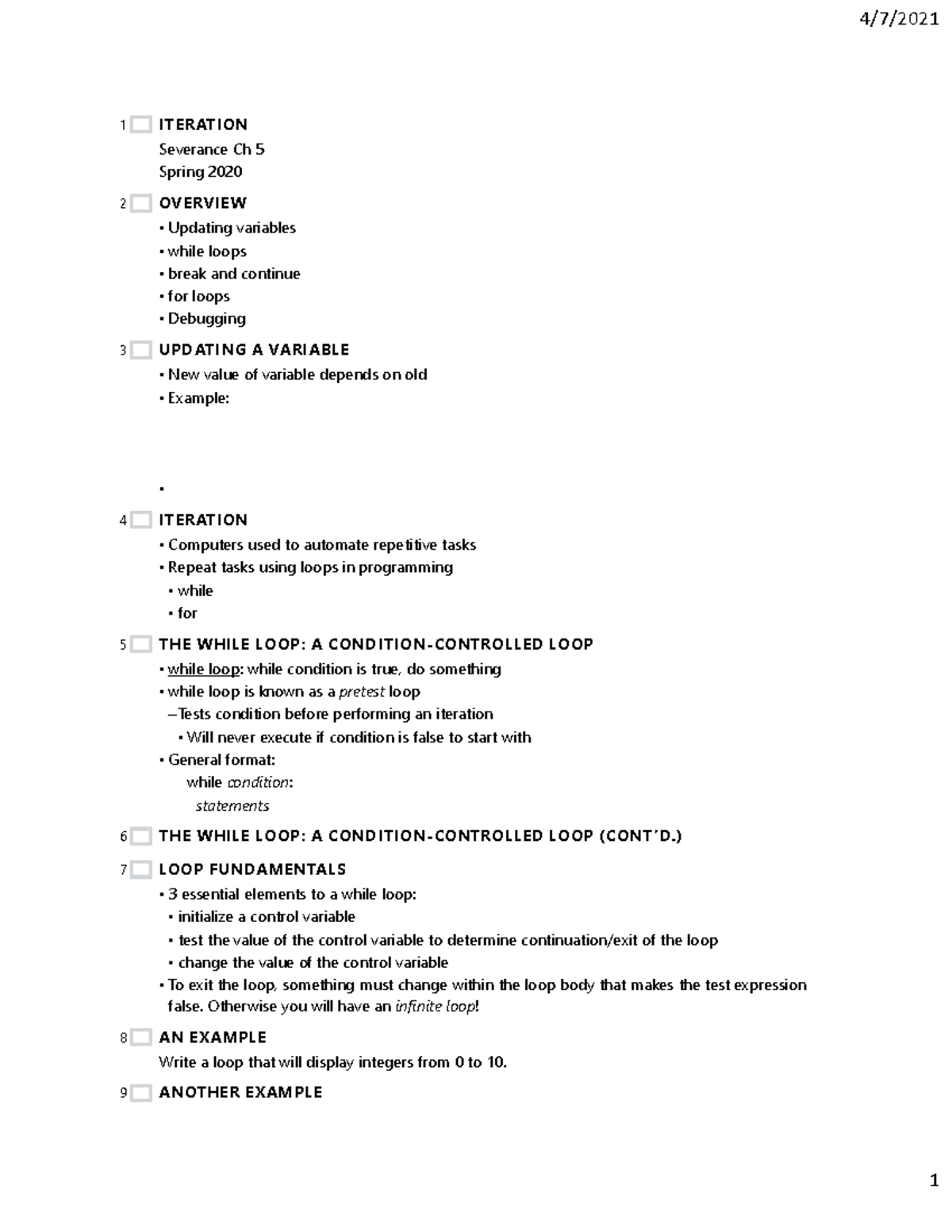Iterations - Iteration notes - ITERATION Severance Ch 5 Spring 2020 ...