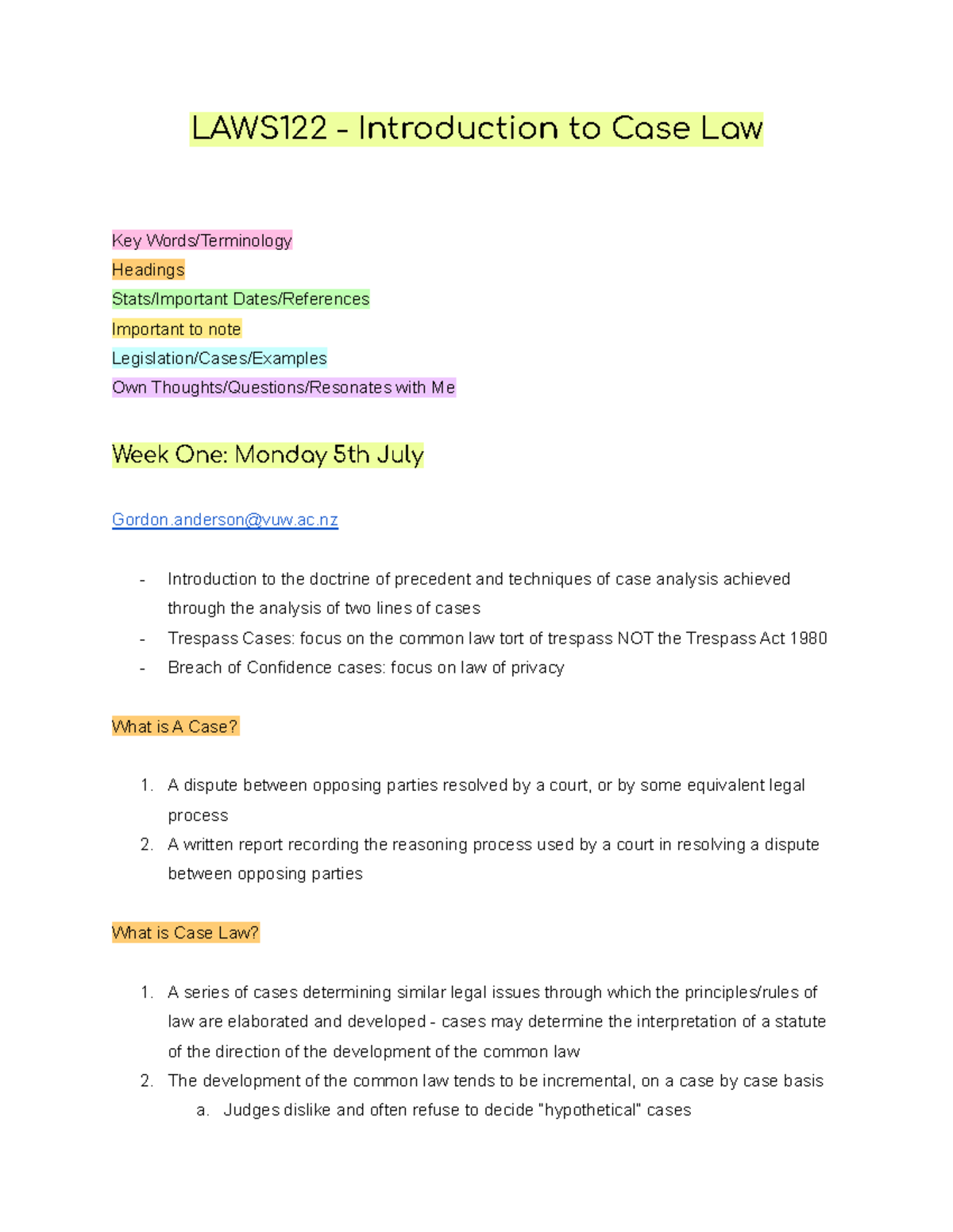 LAWS122 Lecture Notes - LAWS122 - Introduction to Case Law Key Words ...