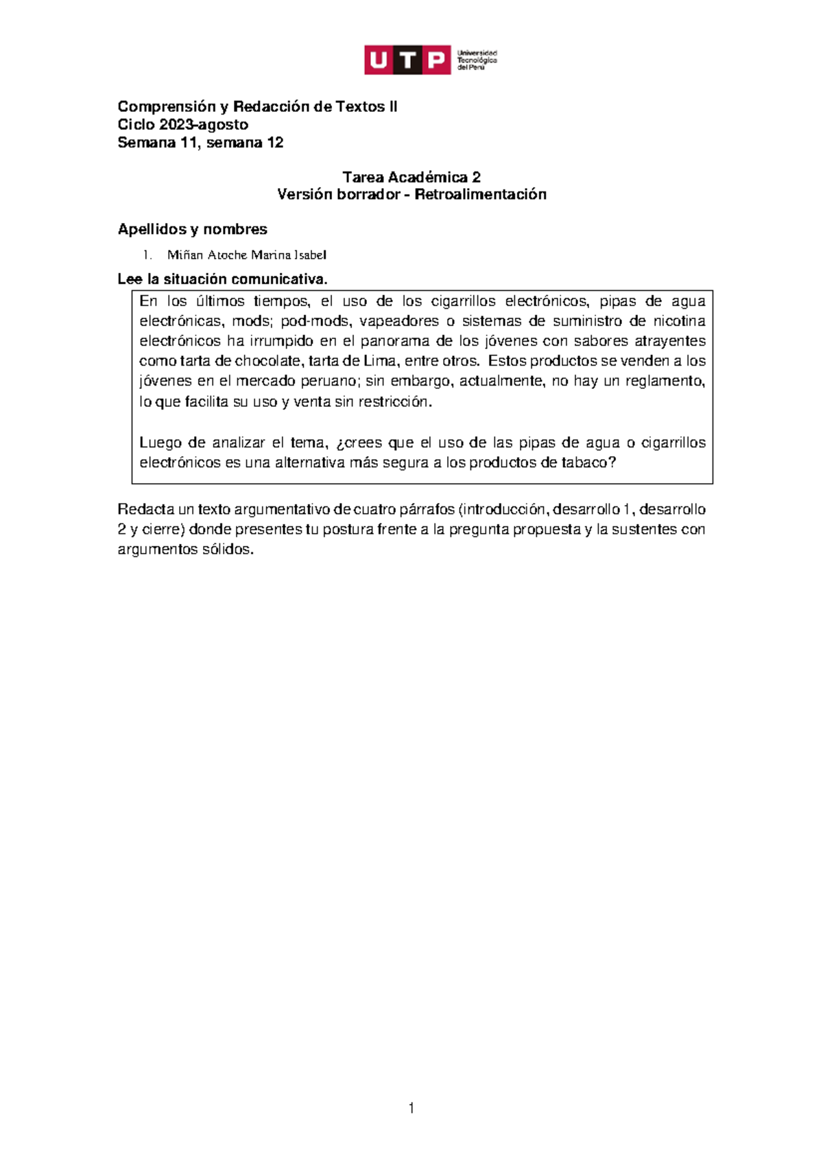 S11 y S12 - Formato TA2 versión borrador retro - Comprensión y Redacción de Textos II Ciclo 202 ...