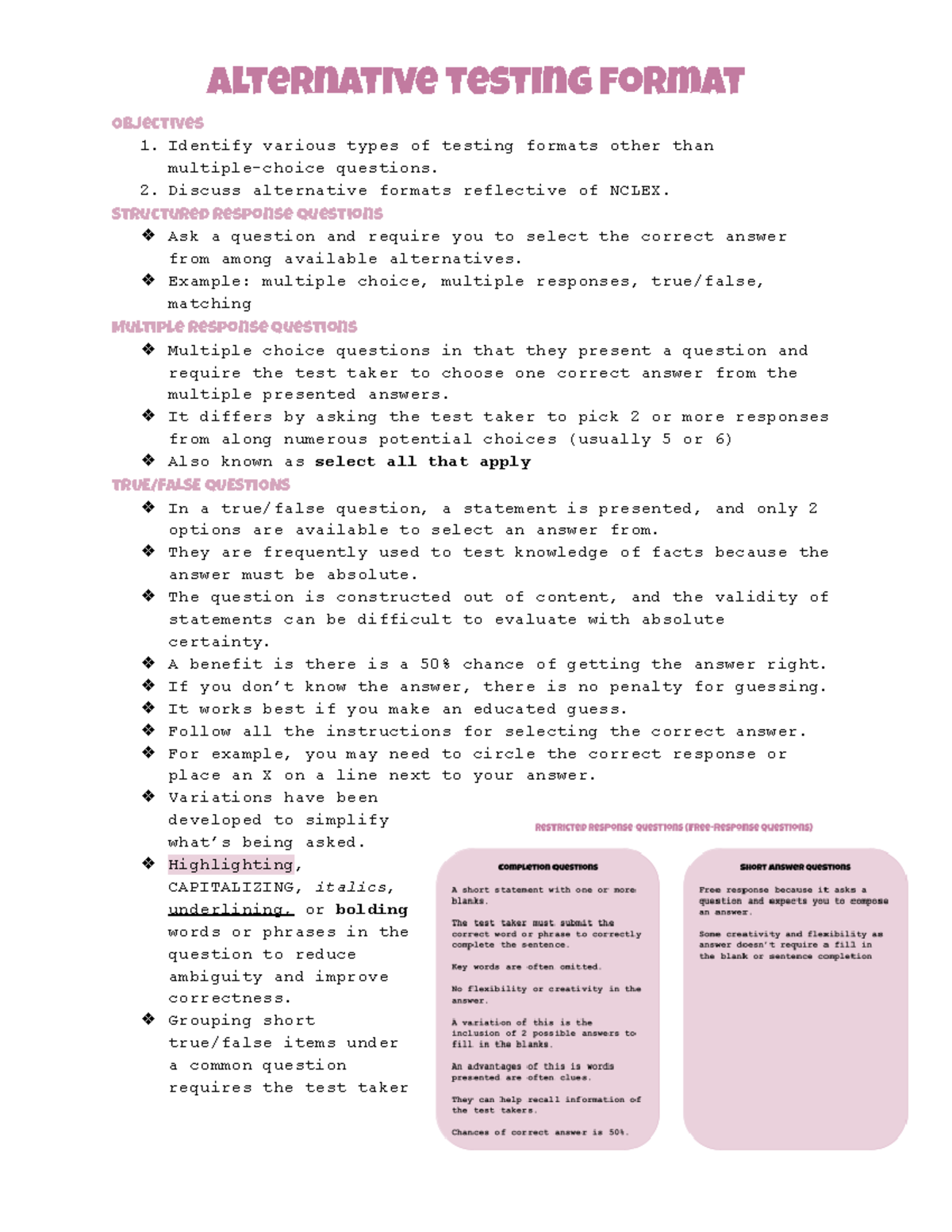 Alternate testing format - NUR1024 - Palm Beach State - Studocu