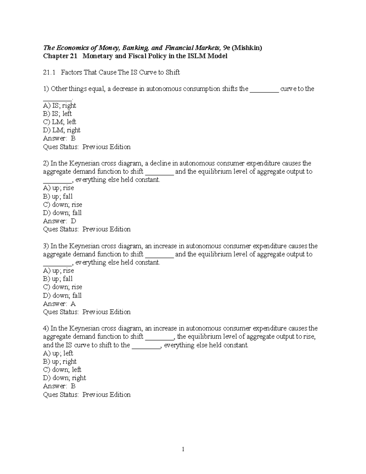 Chap21 - Chapter 21 Test bank - The Economics of Money, Banking, and ...