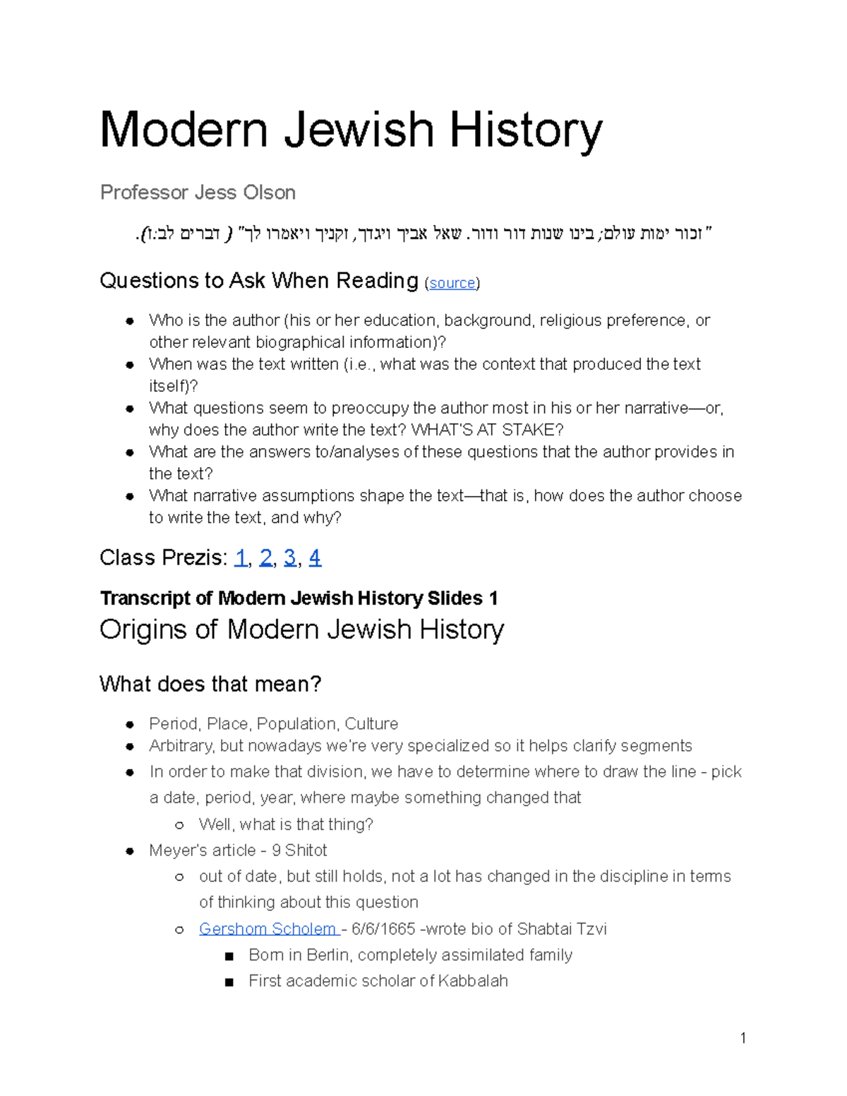 Modern jewish history notes for final - Modern Jewish History Professor ...