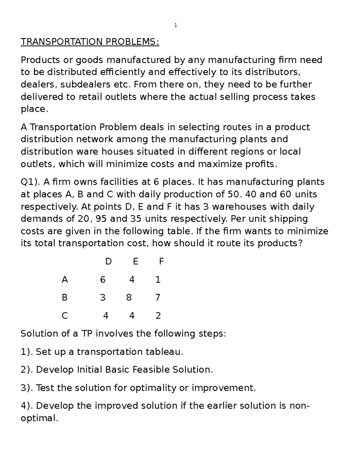 Operations Research Management Transportation Problems - TRANSPORTATION ...