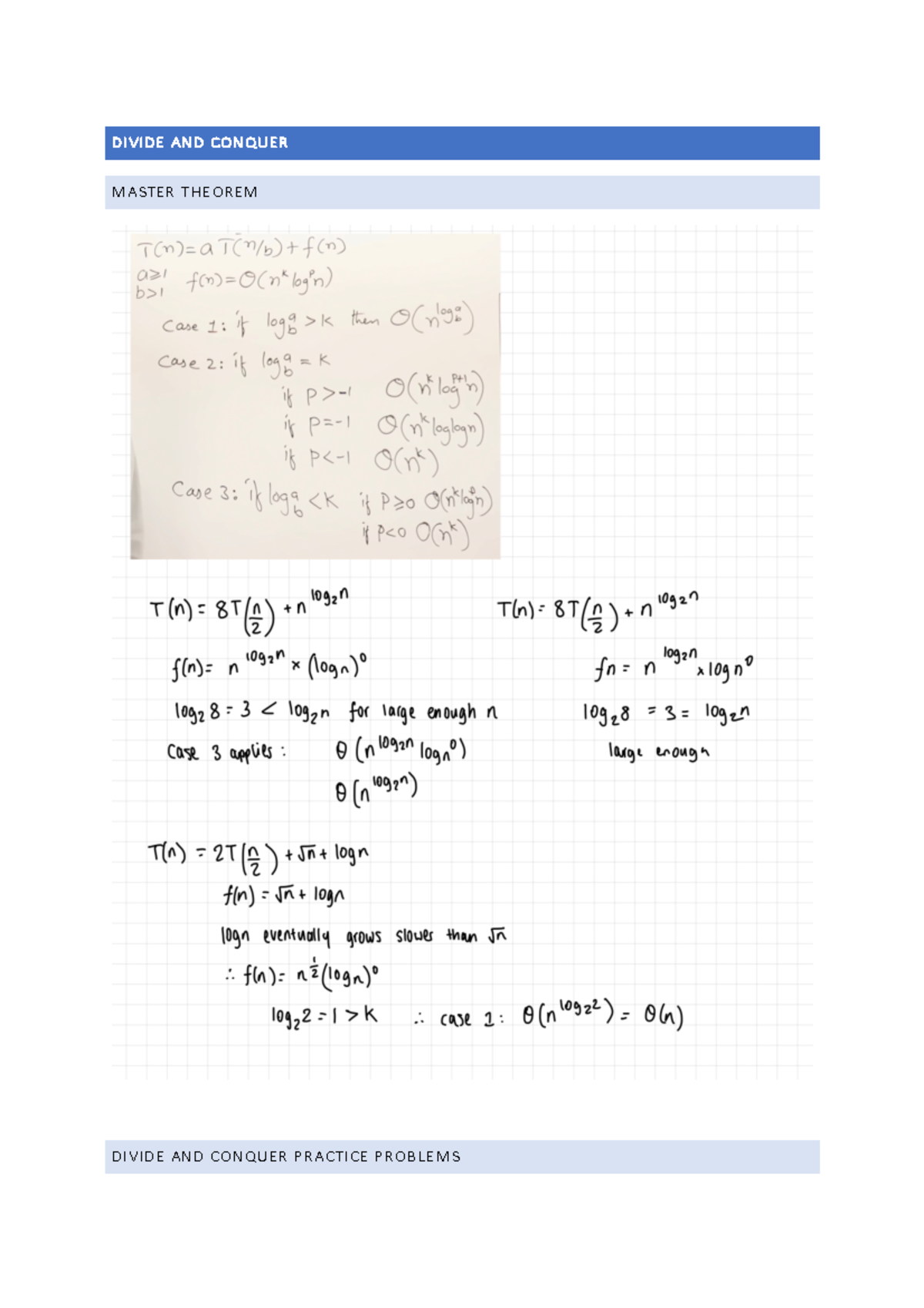 3121 Exam Notes Final - DIVIDE AND CONQUER MASTER THEOREM DIVIDE AND ...