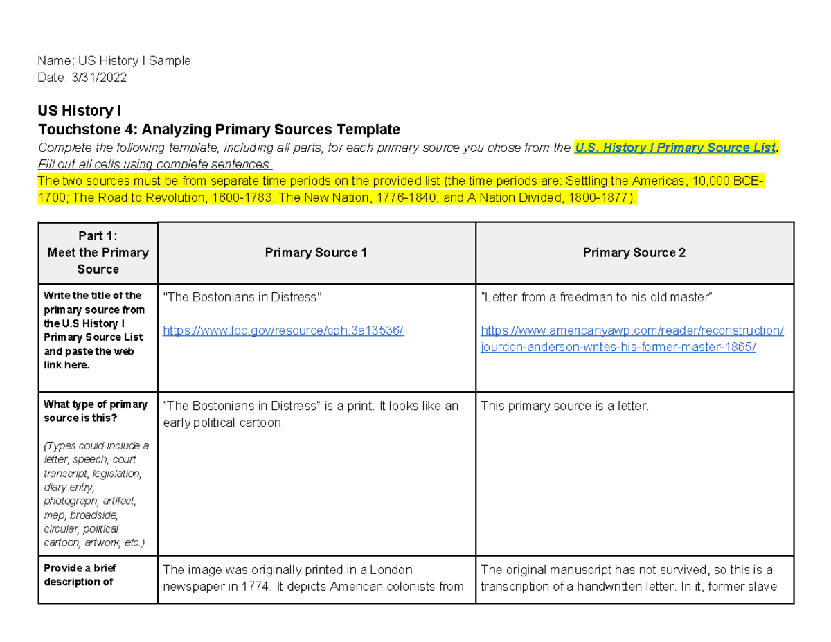 US History 1 Sample - Template - Name: US History I Sample Date: 3/31 ...