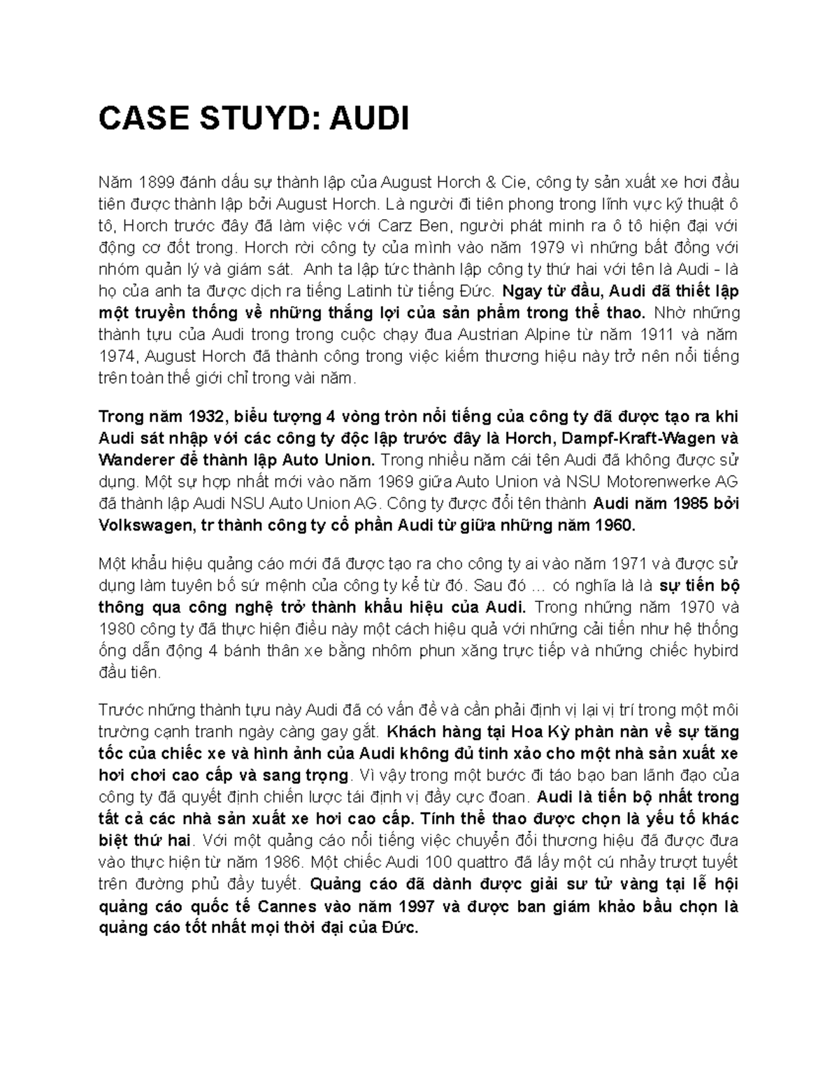 CRM Case Audi - CASE - CASE STUYD: AUDI Năm 1899 đánh dấu sự thành lập của August Horch & Cie ...