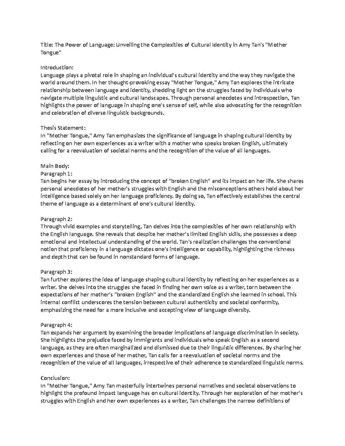 Amy tan mother tongue - english essay - Title: The Power of Language ...