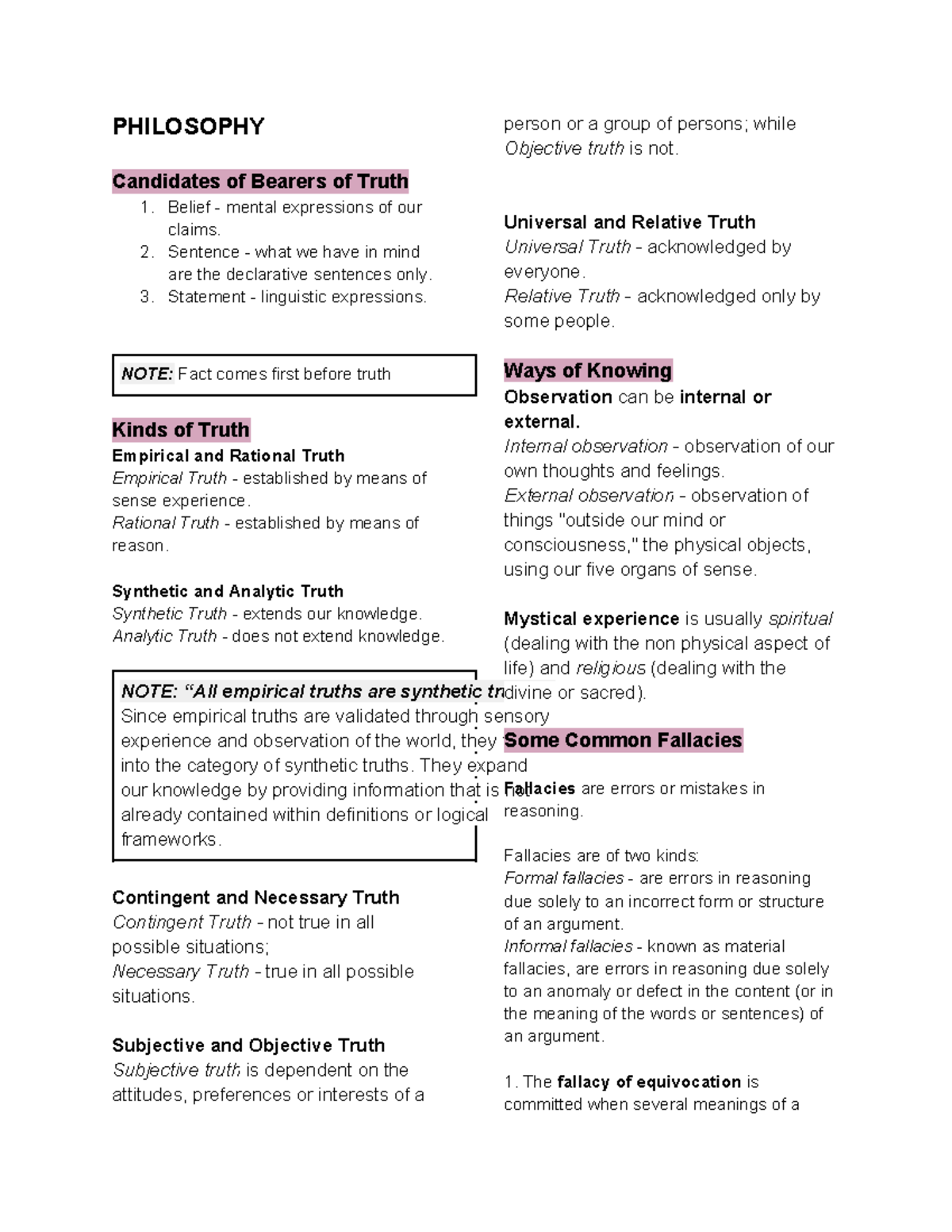 Philo- Reviewer - PHILOSOPHY Candidates of Bearers of Truth 1. Belief ...