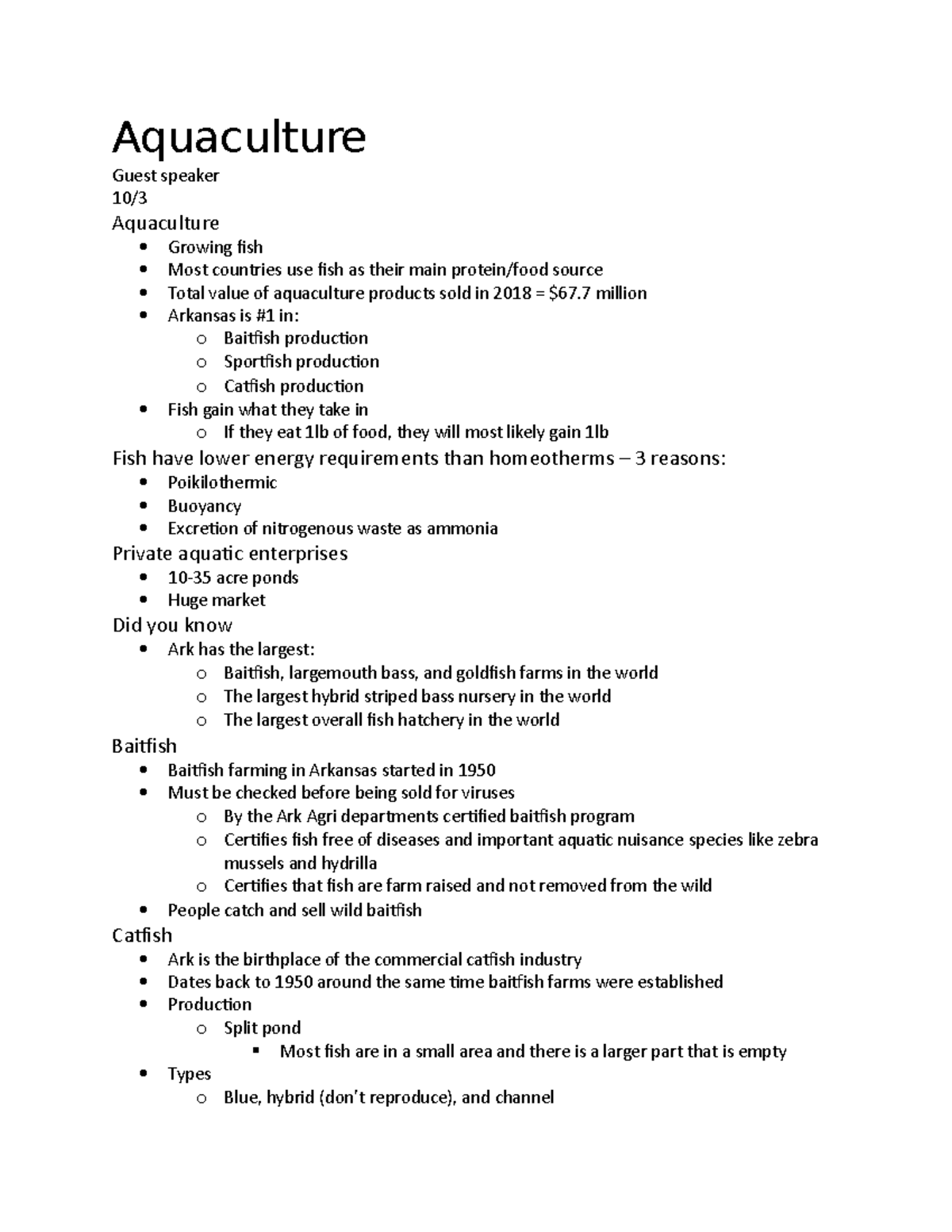 Aquaculture notes - Aquaculture Guest speaker 10/ Aquaculture Growing ...