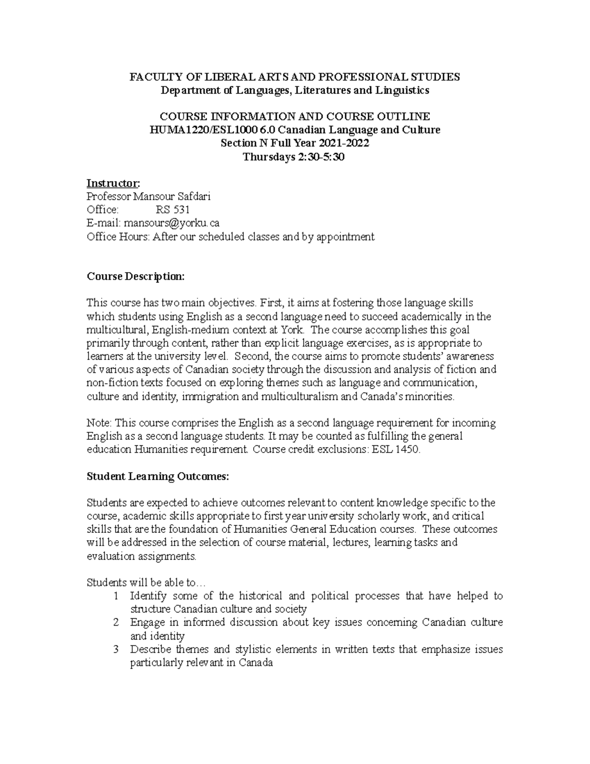 Outline ESL1000 N 2021-22 - FACULTY OF LIBERAL ARTS AND PROFESSIONAL ...