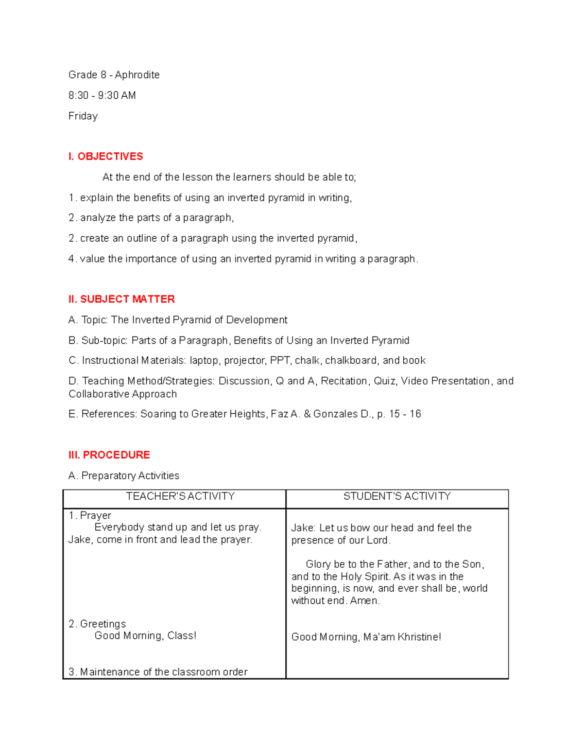 Grade 8 - Lesson Plan - Grade 8 - Aphrodite 8:30 - 9:30 AM Friday I ...
