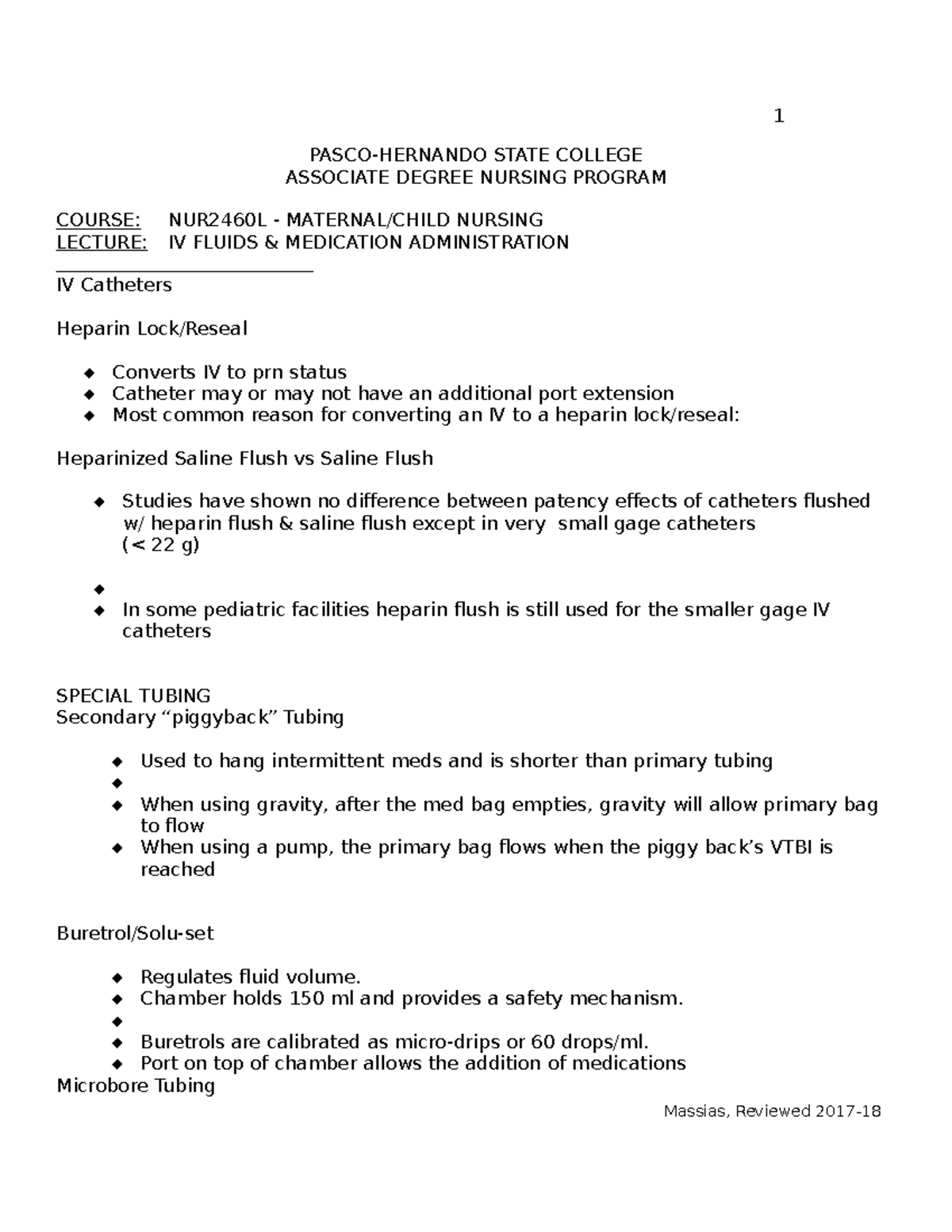 IV Fluids handout 2017-18 - PASCO-HERNANDO STATE COLLEGE ASSOCIATE ...