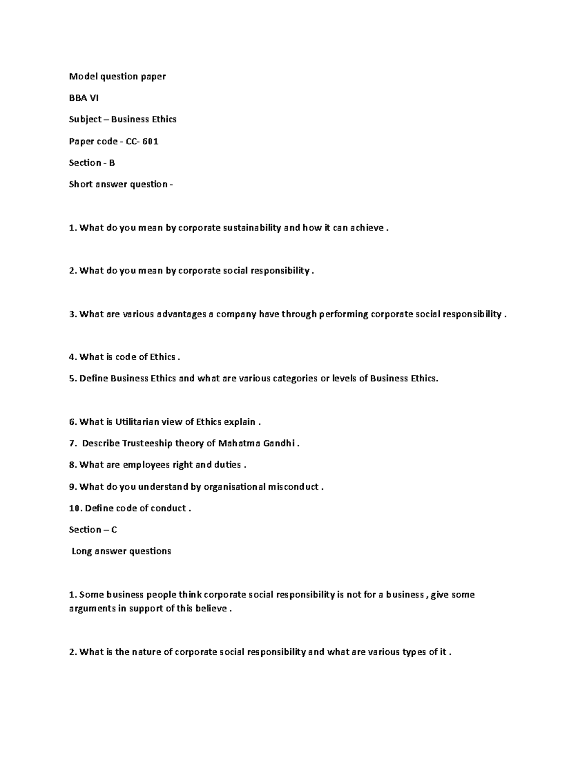 Model question paper BE - Model question paper BBA VI Subject ...