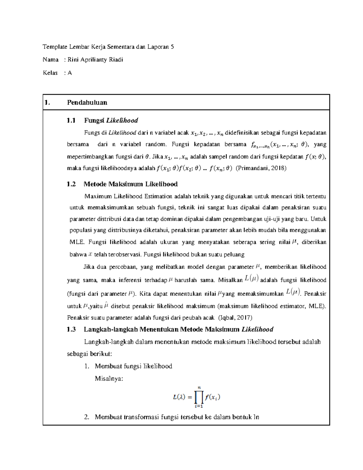 Laporan Praktikum Komputasi Stastitik - #5 Metode Maksimum Likelihood - Template Lembar Kerja ...