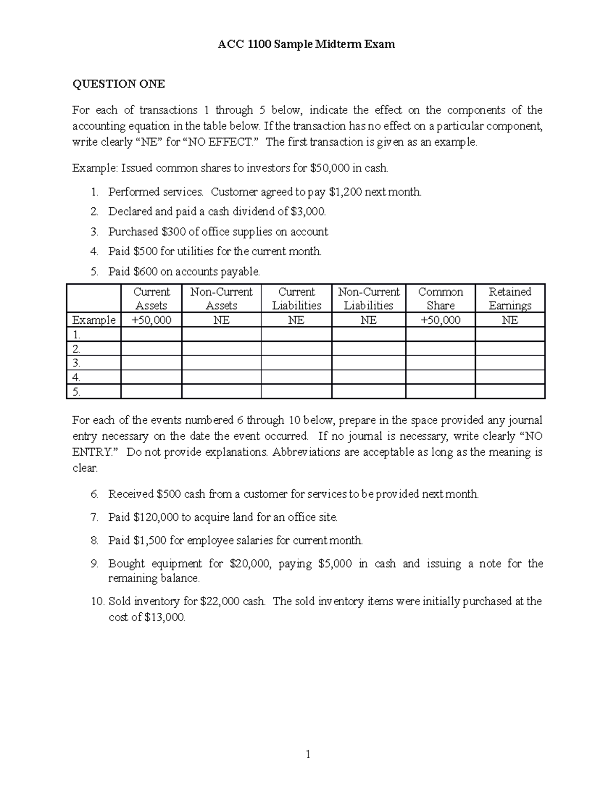 Sample midterm exam with solution - QUESTION ONE For each of ...