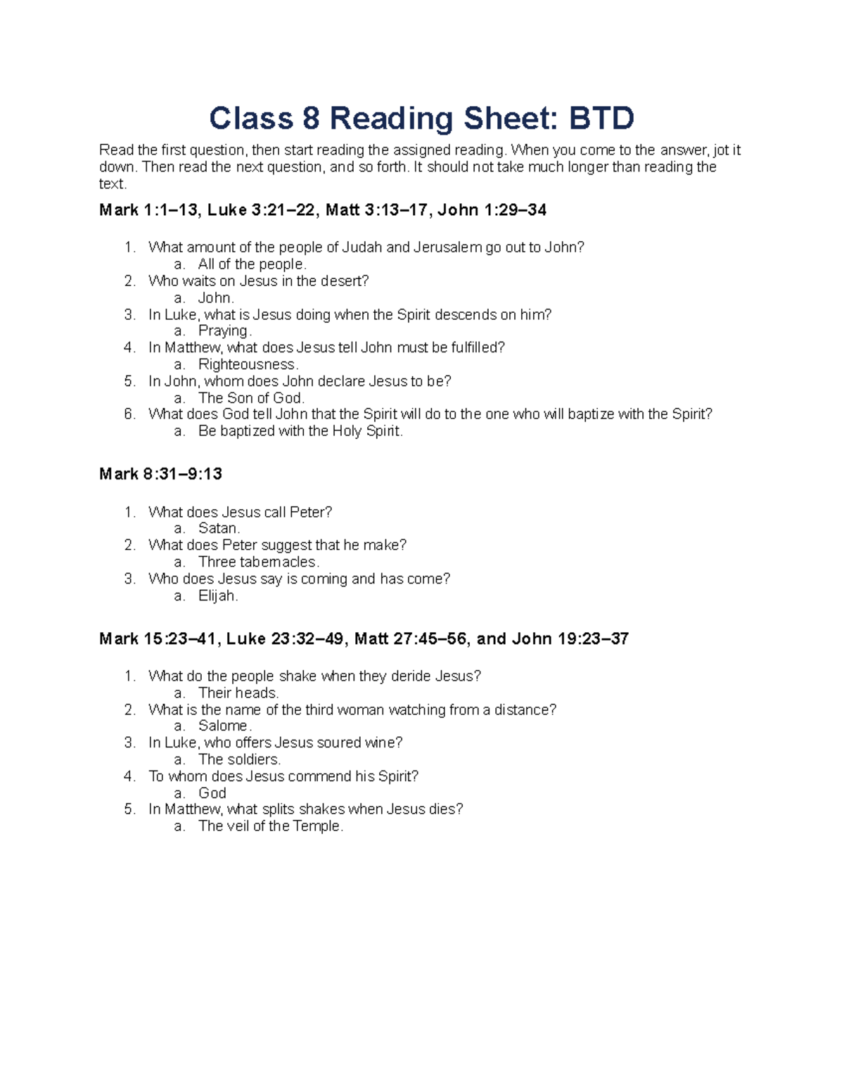 Class 8 Reading Sheet BTD - Class 8 Reading Sheet: BTD Read the first ...