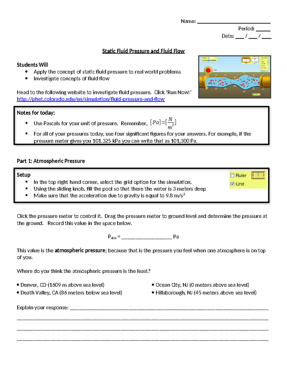 Static Fluid Pressure and Fluid Flow - Name ...