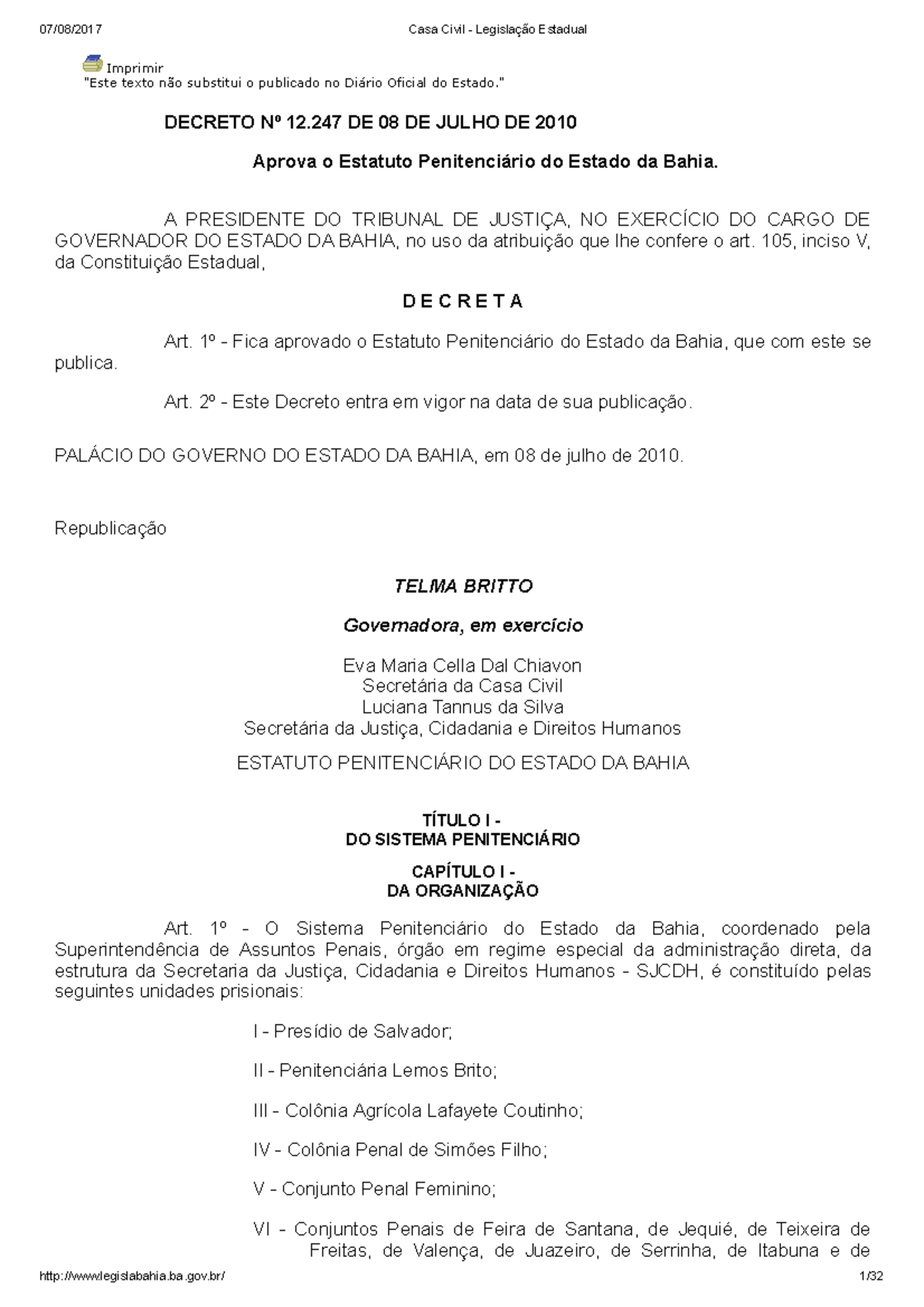 Legislação Estadual Bahia - Decreto 12247 2010 0 - Imprimir "Este texto ...