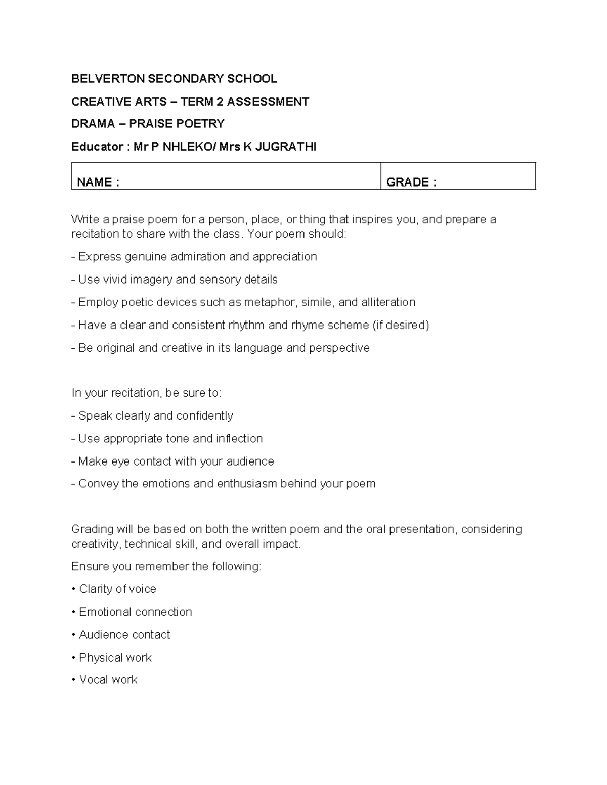 Drama assessment - Notes - BELVERTON SECONDARY SCHOOL CREATIVE ARTS ...