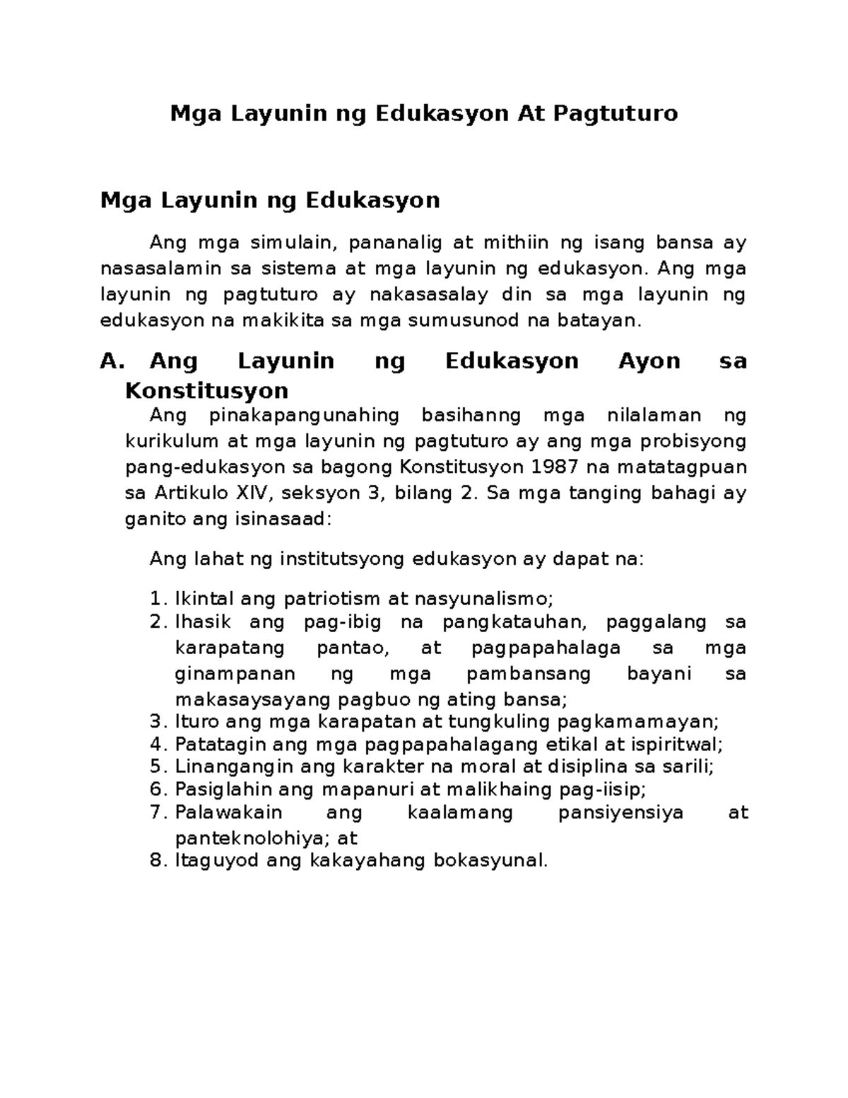 MGA Layunin NG Edukasyon AT Pagtuturo - Mga Layunin ng Edukasyon At ...