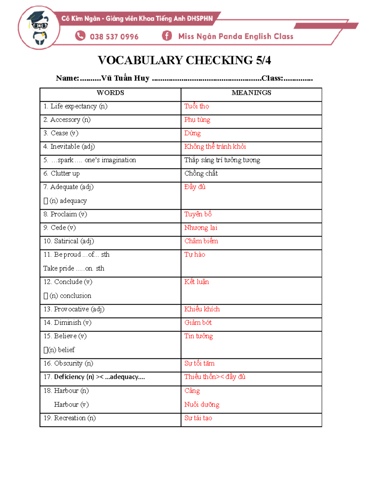 Bdg vocab 12bs 5 - Hịz - VOCABULARY CHECKING 5/ Name:.........ũ Tuấn ...