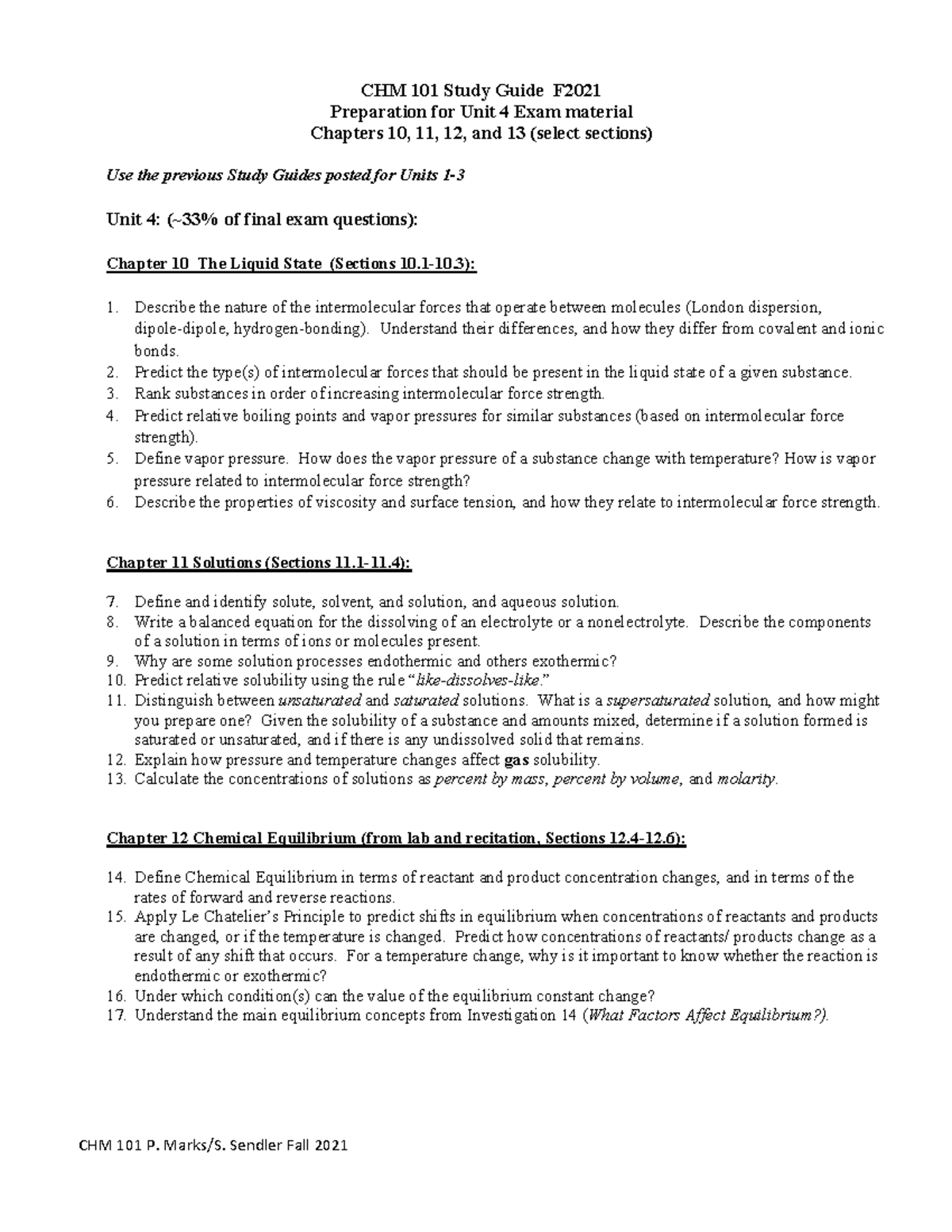 CHM 101 Unit 4 Study Guide F21 - CHM 101 P. Marks/S. Sendler Fall 2021 ...