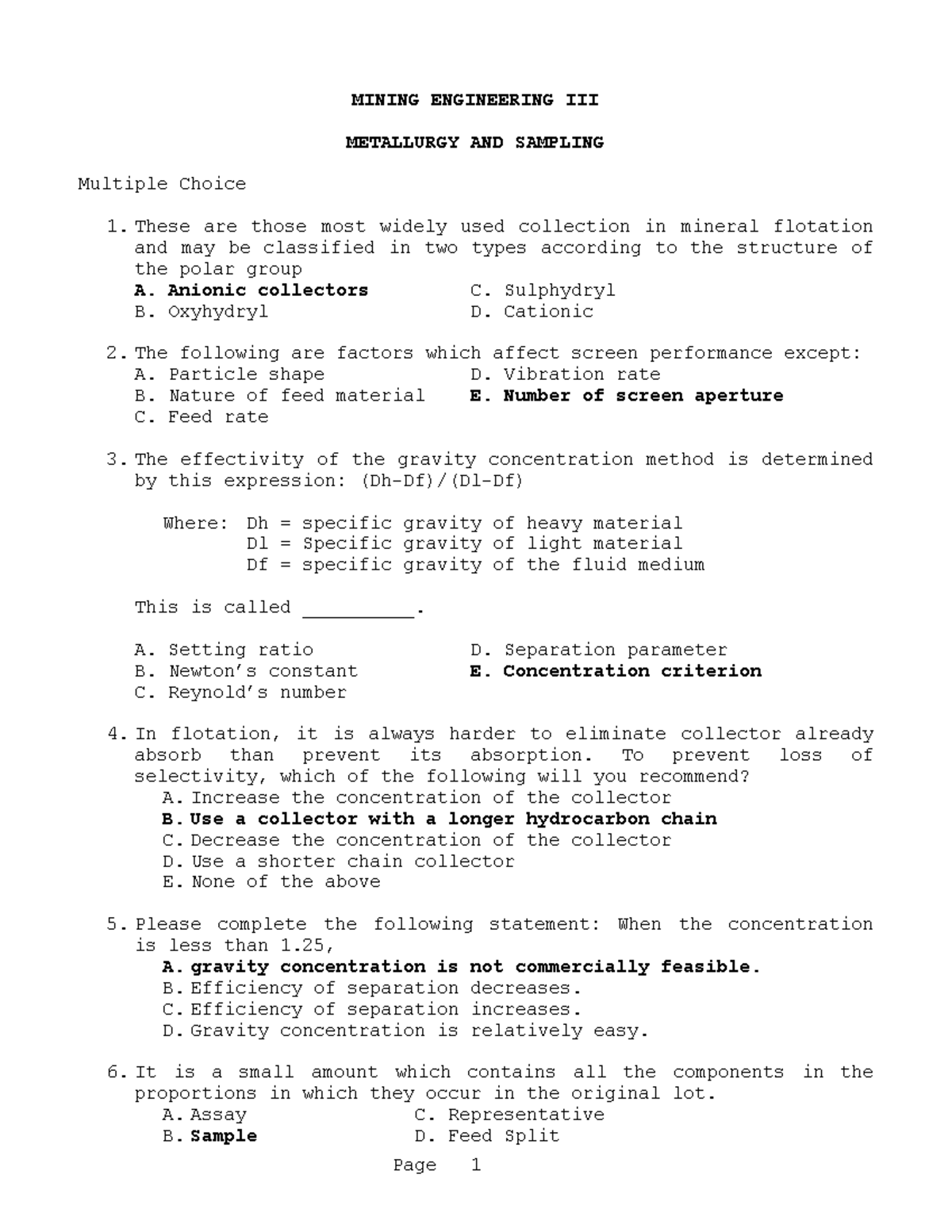 MELE pre-board 6 - Mining engineering licensure pre-board with answer ...