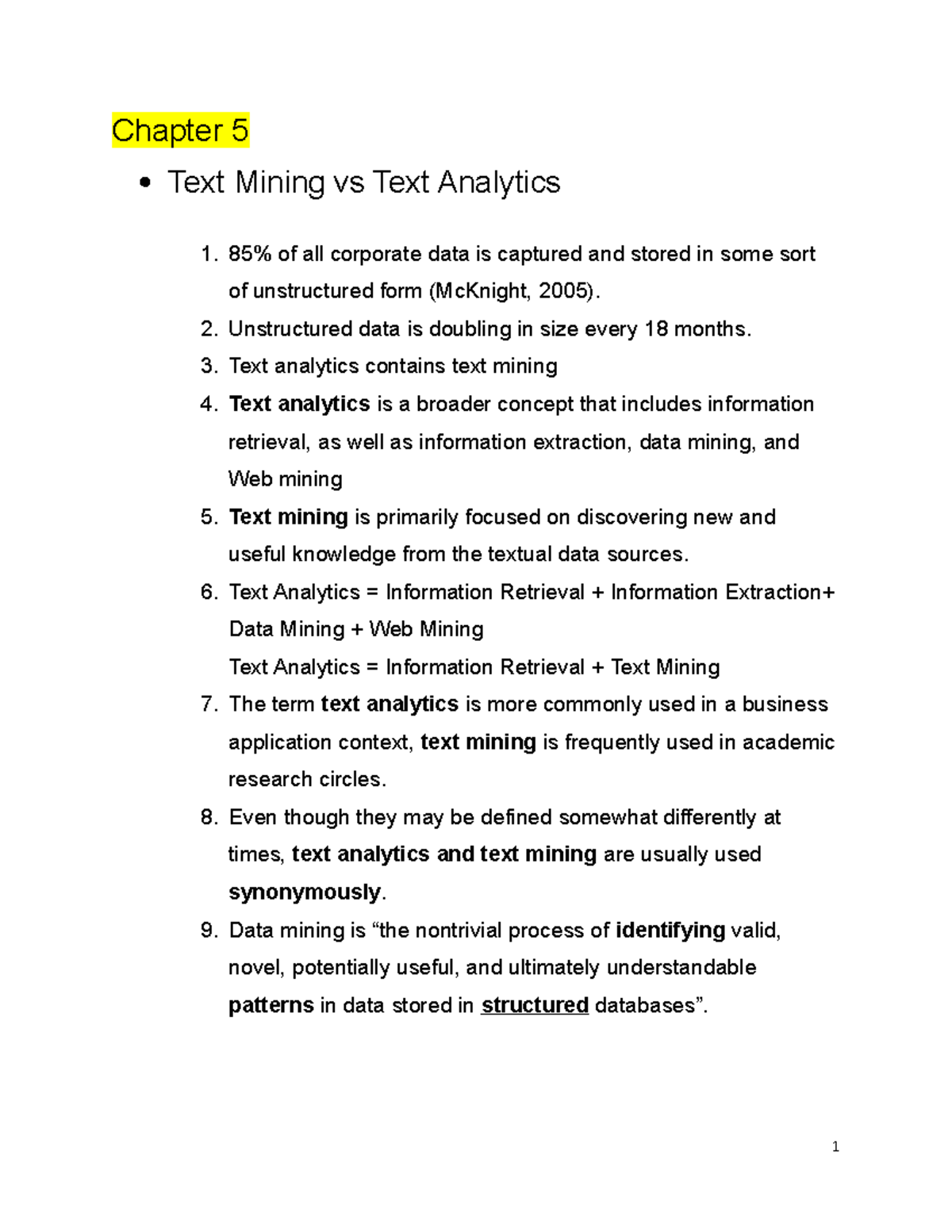 Test 2 Guide for students - Chapter 5 Text Mining vs Text Analytics 1 ...