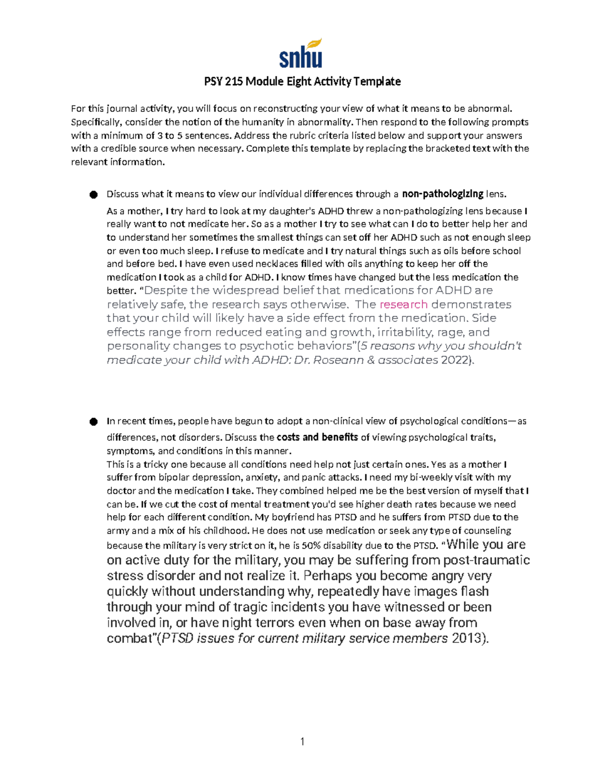 PSY 215 Module Eight Activity Template - PSY 215 Module Eight Activity ...