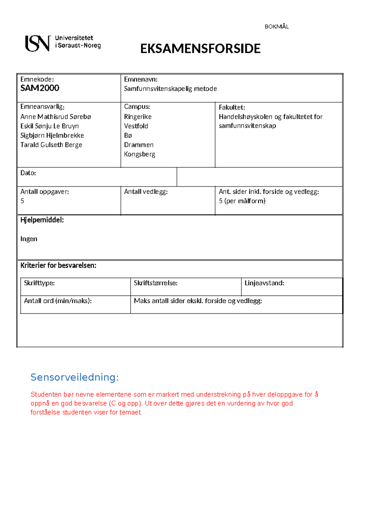 SAM2000 v2023 sensorveiledning 861821293 - EKSAMENSFORSIDE Emnekode: SAM Emnenavn: - Studocu