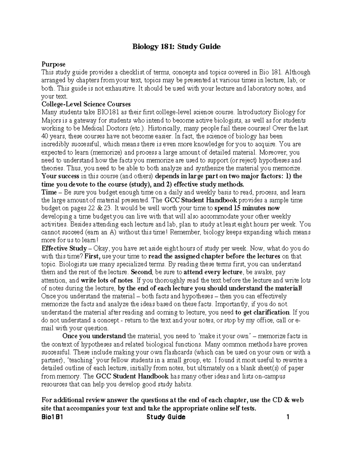 Bio181Study guide - Summary General Biology II - Biology 181: Study ...