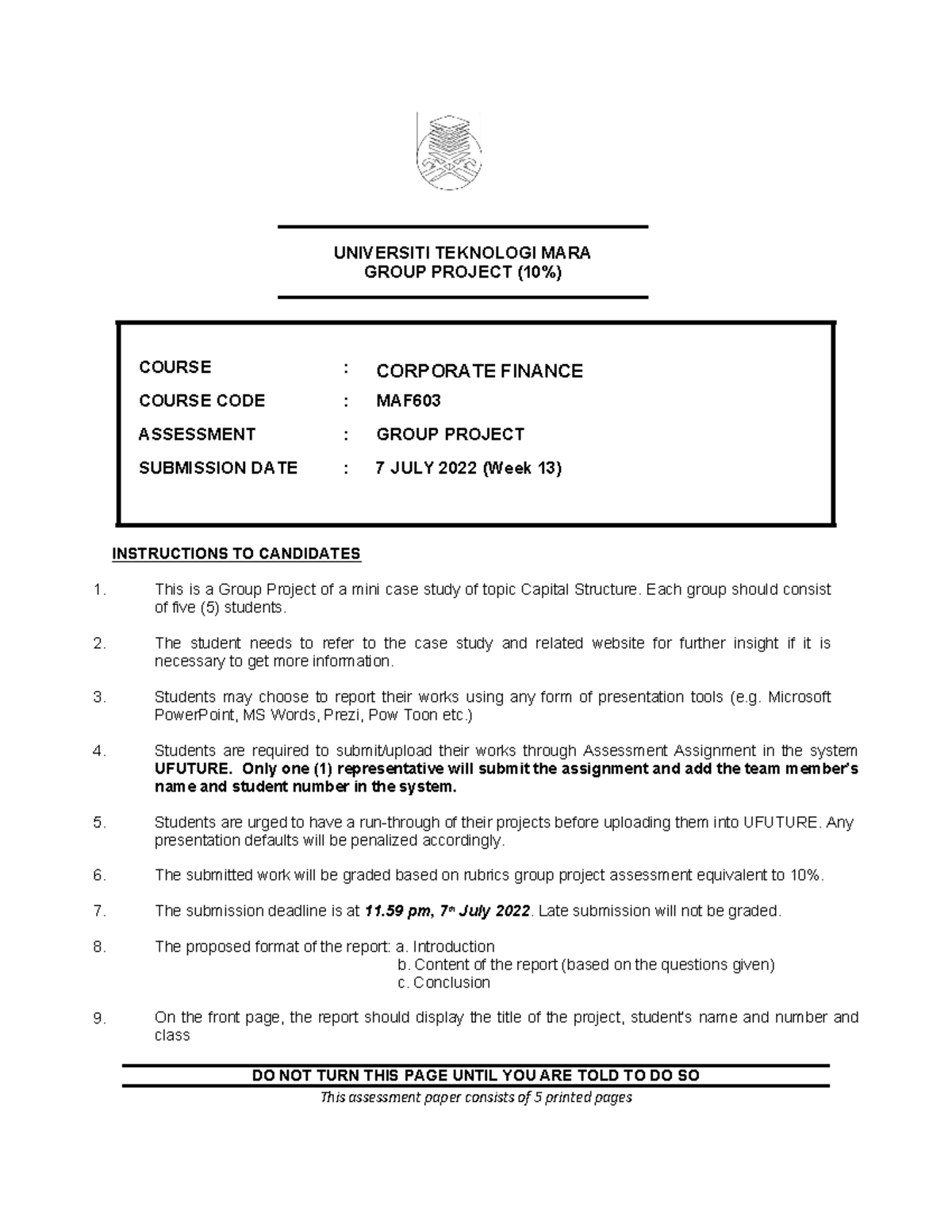 Maf 603 structure group project july 2022 - UNIVERSITI TEKNOLOGI MARA ...