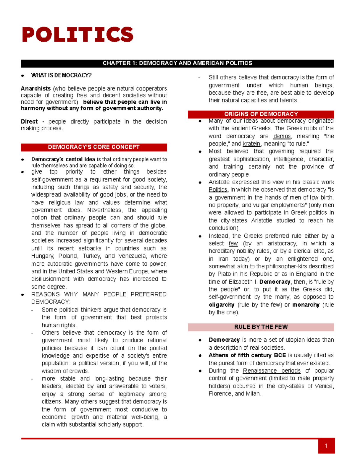Politics CH1 - POLITICS CHAPTER 1: DEMOCRACY AND AMERICAN POLITICS WHAT ...