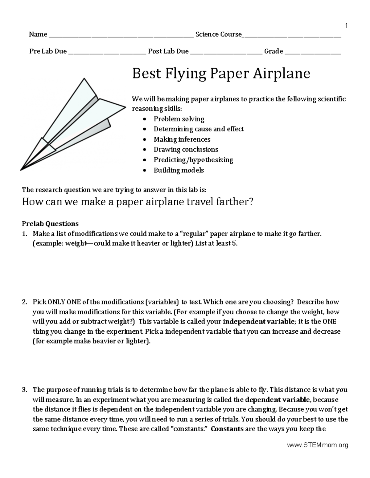 Paper Airplane Lab - Name ...