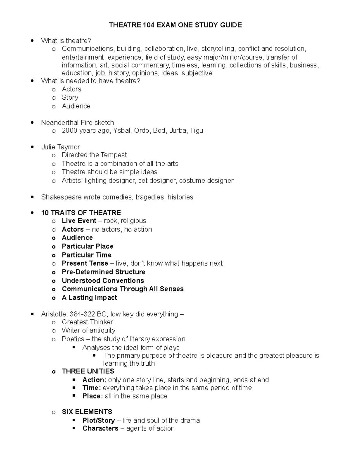 Theatre 104 EXAM ONE Study Guide - THEATRE 104 EXAM ONE STUDY GUIDE ...