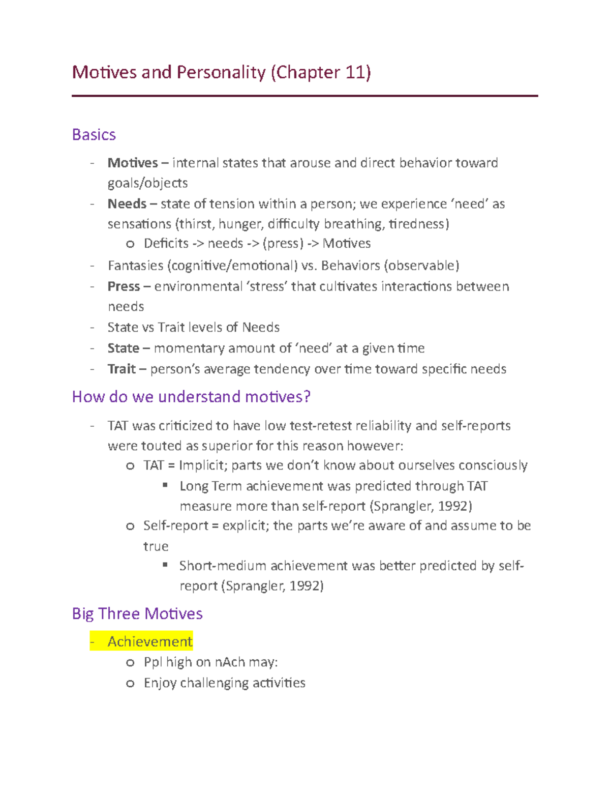 Chapter 11 - Motives and Personality (Chapter 11) Basics - Motives ...