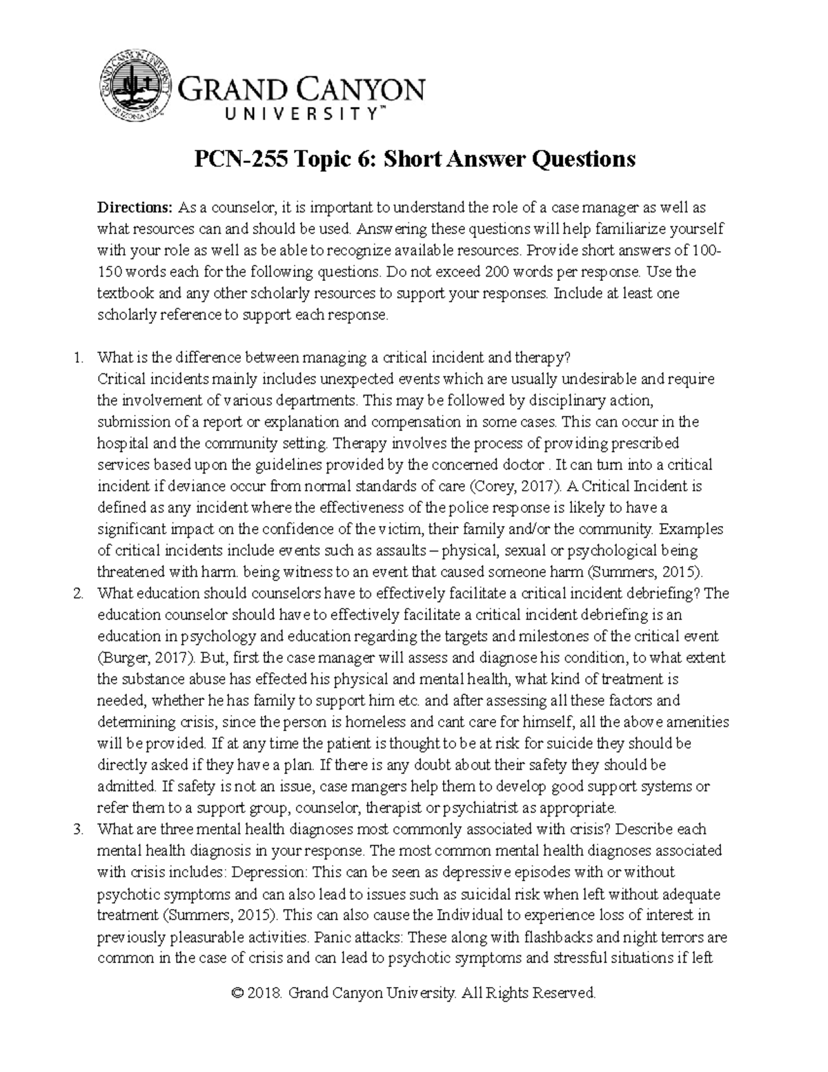SAQ - Assignment for case management - PCN-255 Topic 6: Short Answer ...