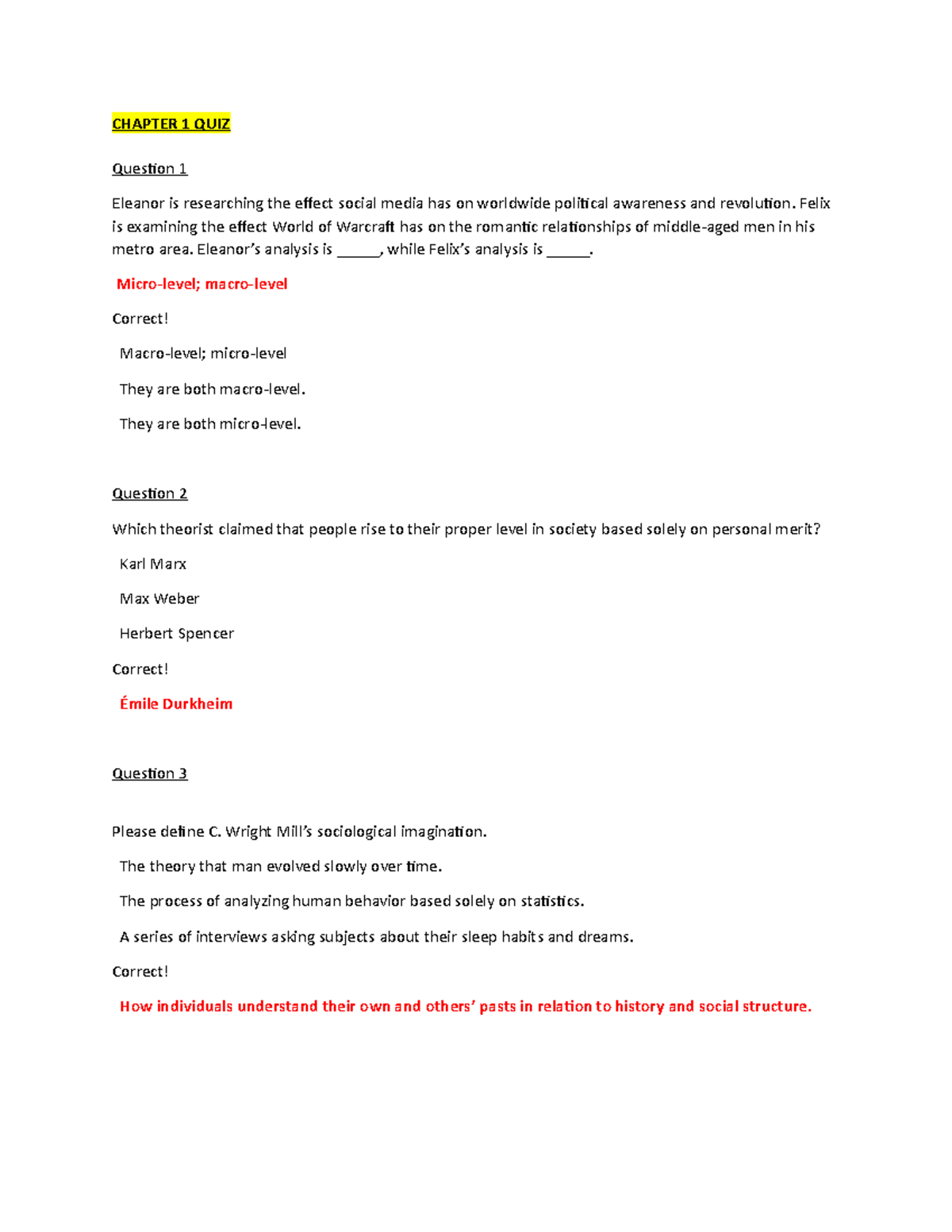 SOCY Quiz Answers - CHAPTER 1 QUIZ Question 1 Eleanor is researching ...