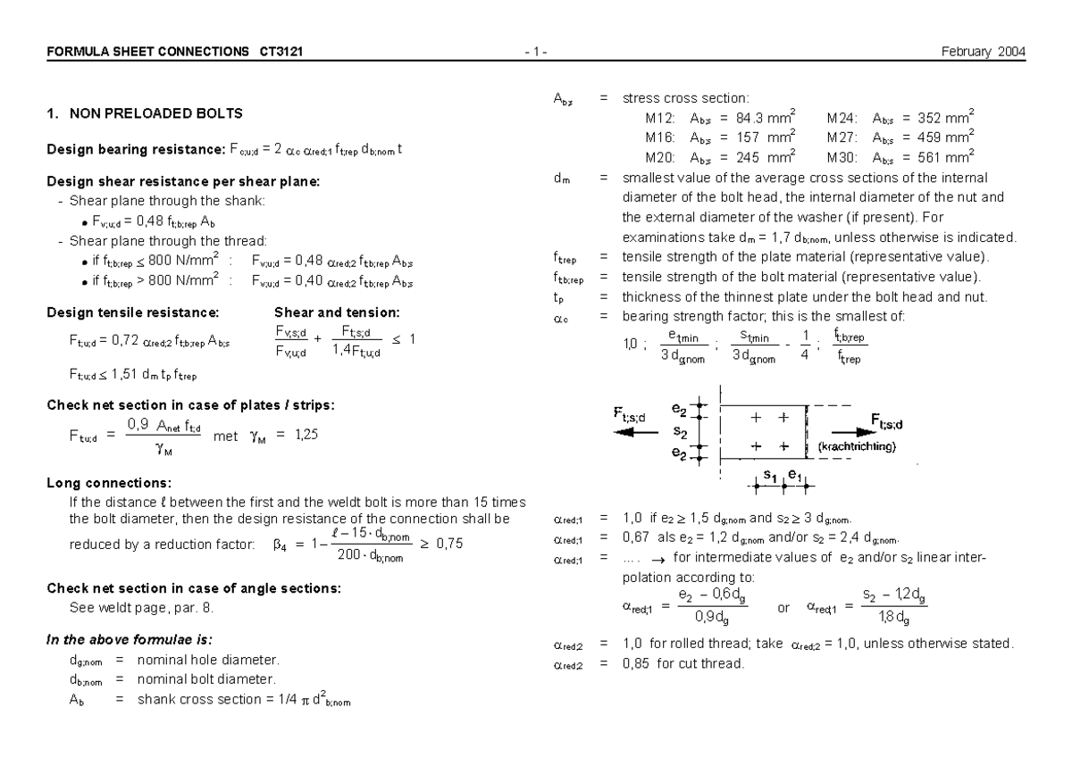 Summary Steel Structures 2 Formula sheet Connections - 1. NON PRELOADED ...